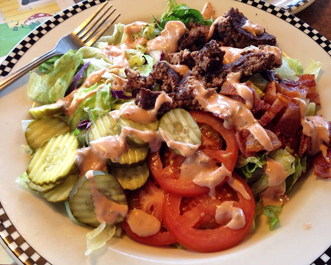 This isn't just a salad &ndash; it's a cheeseburger that had a change of heart halfway through and landed on some lettuce.