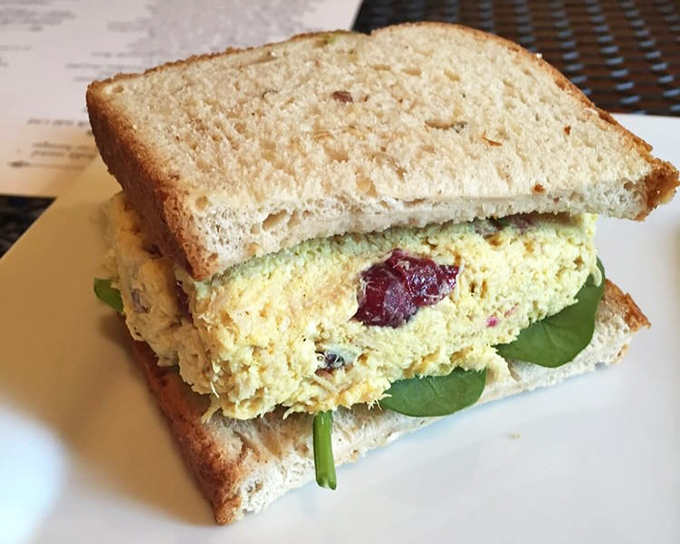 Cranberry-studded chicken salad nestled between fresh bread. A sandwich that understands the importance of texture and balance.
