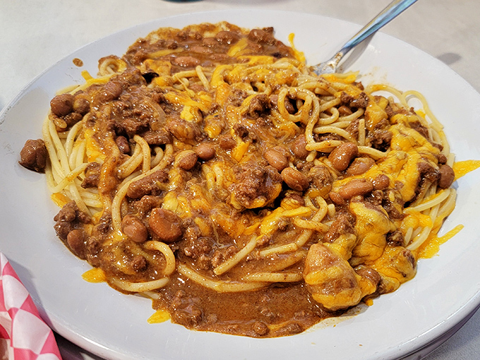 Chili spaghetti that laughs in the face of Italian tradition while creating its own Midwestern masterpiece&mdash;a beautiful mess worth every napkin.