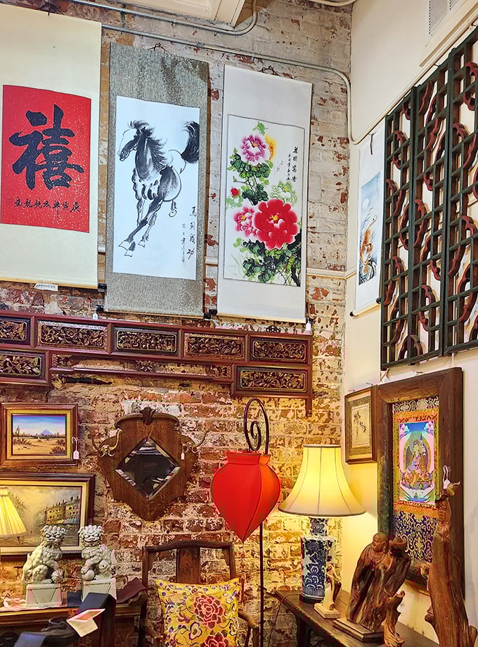 Where exposed brick meets Eastern artistry&mdash;hanging scrolls of horses and peonies create a meditation space that somehow feels both ancient and perfectly contemporary.