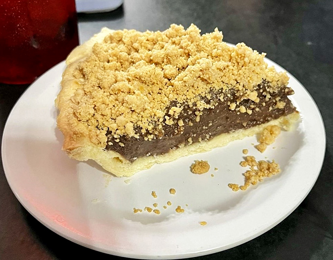 Chocolate peanut butter pie with a crumbly topping &ndash; the dessert equivalent of finding money in your old jacket pocket.