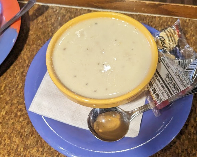 Clam chowder thick enough to float a spoon, creamy enough to convert even the staunchest landlubbers.