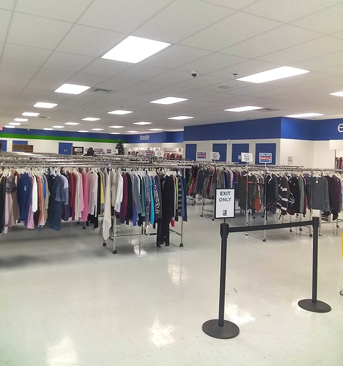 The checkout area stands ready for triumphant bargain hunters. Exit only&mdash;because once you've experienced thrift magic, there's no going back.