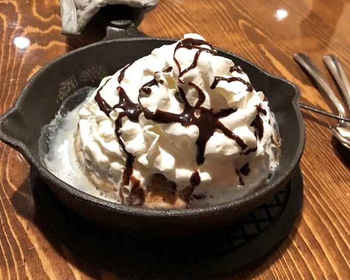 A skillet cookie topped with ice cream and chocolate drizzle&mdash;because ending a BBQ feast without dessert would be uncivilized.