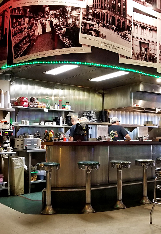 History hangs above while breakfast sizzles below – vintage photos of Butte's mining heyday watch over modern-day comfort food creation.
