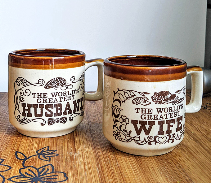 "World's Greatest" mugs waiting to caffeinate their next owners, one thrifty morning at a time.