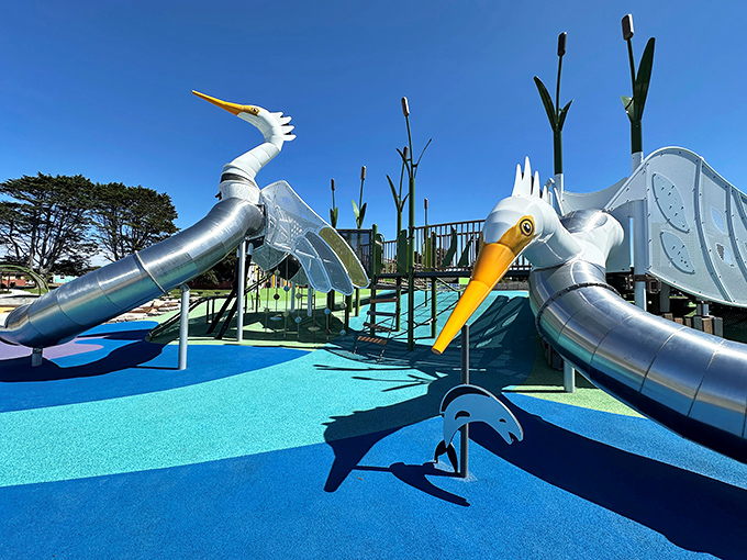 Whimsical heron slides prove that Eureka's playgrounds have more imagination than most cities' art installations. Who wouldn't want to slide down a giant metal bird?