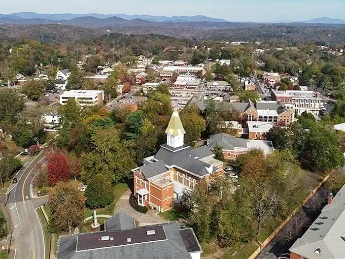 From above, Dahlonega reveals itself as a perfect patchwork of history and nature, nestled in the rolling embrace of North Georgia mountains.