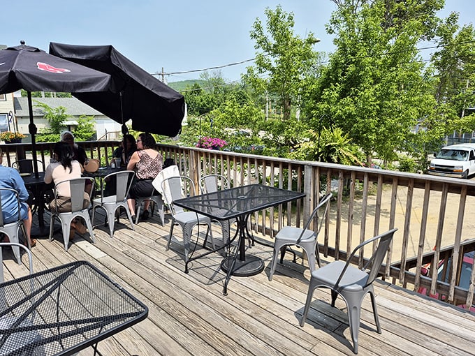 Summer deck seating with mountain views&mdash;because the only thing better than Main Street Station's breakfast is enjoying it in fresh air.