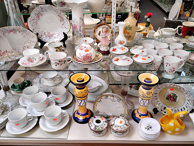 Teacups and saucers ready for their next soir&eacute;e. Downton Abbey elegance meets Wyoming practicality in this delightful dinnerware display.