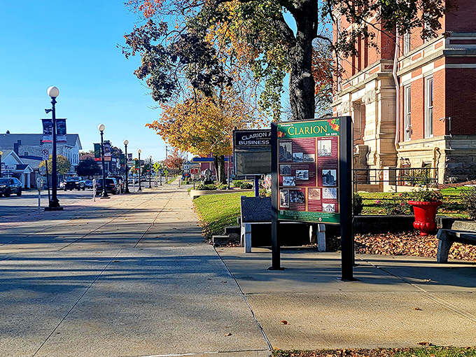 Downtown Clarion welcomes visitors with well-maintained sidewalks and informational signage, making small-town exploration both affordable and accessible.
