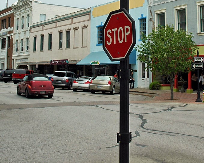 The stop sign seems to say "pause and appreciate our downtown" &ndash; good advice in a world that moves too quickly past places worth savoring.