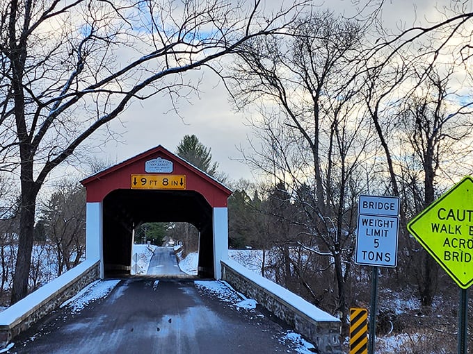Winter transforms Van Sant into a scene worthy of a holiday card, snow dusting its approach while the red exterior pops against the monochrome landscape.