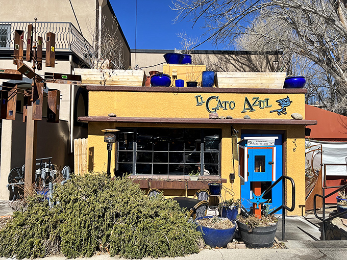 El Gato Azul's vibrant exterior promises Mediterranean-inspired delights inside. The blue pottery matches the Arizona sky &ndash; coincidence? I think not!