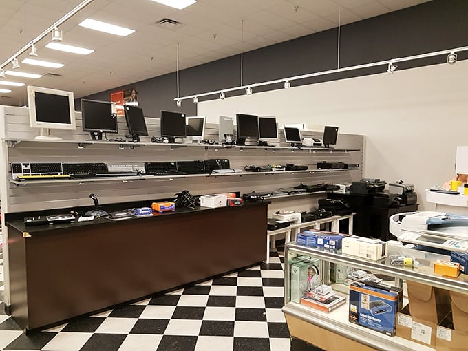 The electronics section proves one person's outdated tech is another's vintage find – from monitors to keyboards, digital archaeology at its finest.