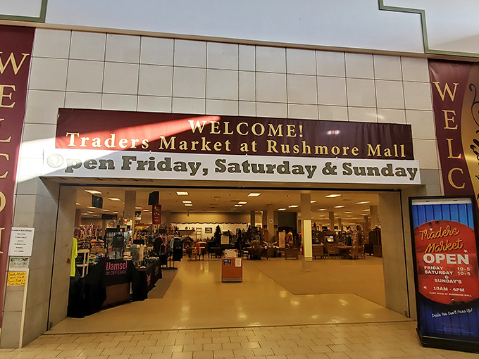 The welcoming entrance to Traders Market at Rushmore Mall invites weekend explorers to step into a world where one person's castoff is another's treasure.