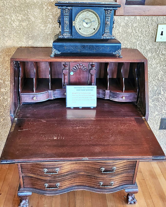 This elegant fall-front desk and ornate clock speak to the refined tastes that somehow found their way to this remote desert hilltop.