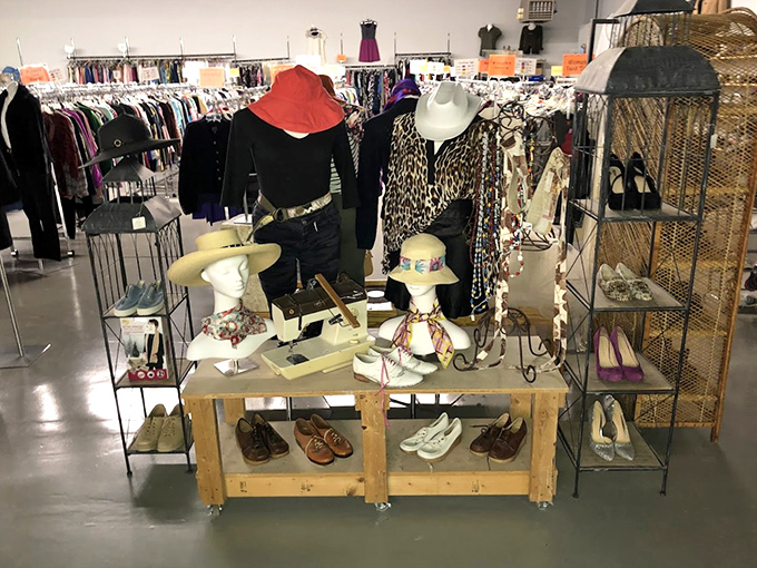 The fashion display corner: where mannequin heads model vintage hats with more personality than most runway shows, all at prices that won't make you wince.