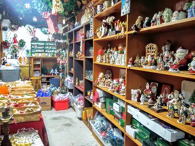 Holiday figurines stand at attention year-round, because who says Santa can't vacation in July?