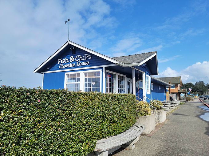The Fish & Chips Chowder House's bright blue exterior promises exactly what coastal dreams are made of—seafood so fresh it practically introduces itself.