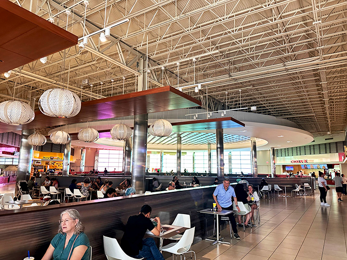 The food court: where shopping warriors refuel. Those hanging lanterns have witnessed countless "look what I just found" revelations.