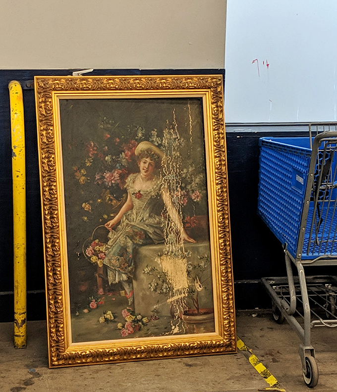 Yesterday's wall art becomes tomorrow's conversation piece. This ornate framed painting awaits someone brave enough to make it ironically fabulous again.