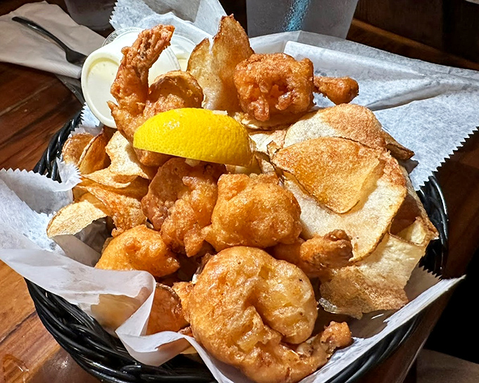 Fried shrimp nestled among Whale Fries create a basket of golden delights that makes you wonder why anyone would ever eat anything else.