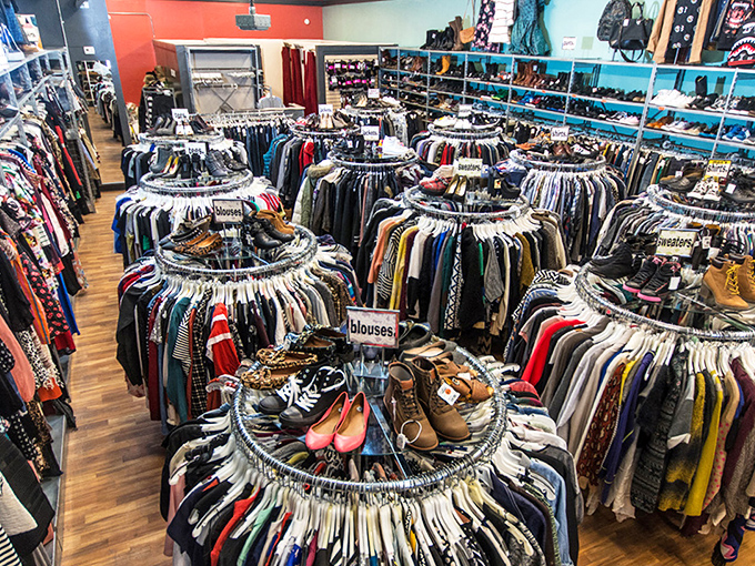 The full view reveals an empire of circular racks, each one hiding potential wardrobe heroes waiting for discovery.