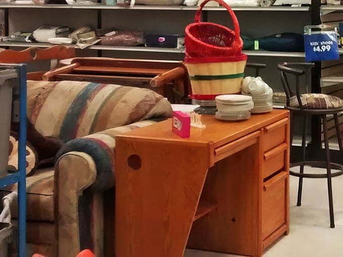 That orange desk and striped armchair combo proves one person's "what was I thinking?" becomes another's perfect match.