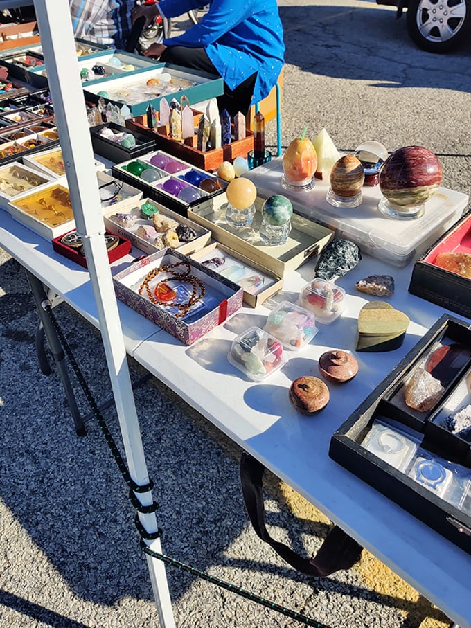 Earth's treasures displayed like cosmic candy&mdash;polished stones and crystals catching the sunlight while promising mystical properties to believers.