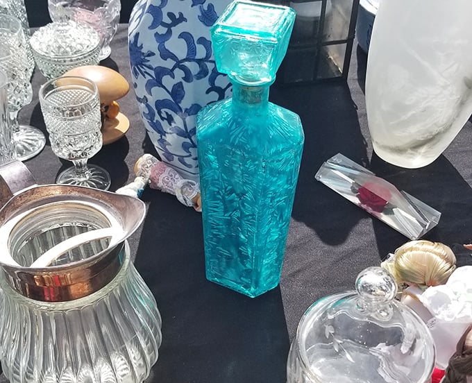 Vintage glassware catches the light and imagination. This turquoise decanter could elevate your bar cart from functional to conversation piece.