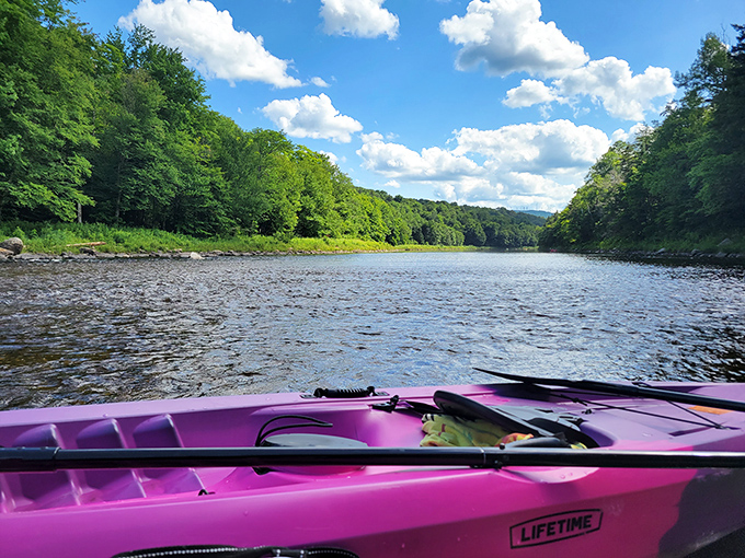 Paddling these pristine waters feels like gliding through a living painting. The purple kayak adds just the right pop of color to nature's masterpiece.