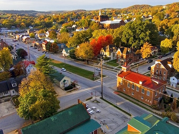 From above, Hermann reveals itself as a patchwork of historic buildings, church spires, and autumn-painted trees nestled in Missouri's rolling landscape.