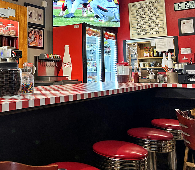 High's Restaurant counter stools await your stories &ndash; classic Americana served with a side of local gossip.