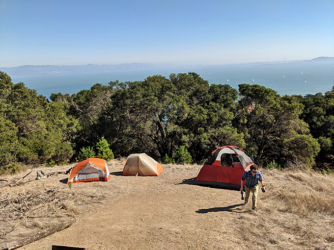 Camping with a skyline view? Only on Angel Island can you wake up to tent flaps framing San Francisco's iconic silhouette across the morning mist.
