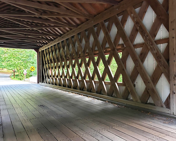 The bridge's interior wooden lattice work creates a mesmerizing tunnel effect&mdash;like looking through the world's most beautiful kaleidoscope made entirely of timber.