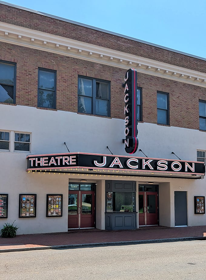 The Jackson Theatre's vintage marquee promises entertainment the old-fashioned way&mdash;no streaming service required, just community and shared experience.
