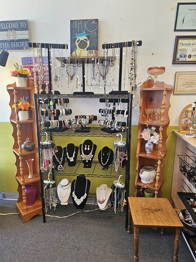 Jewelry displays showcase everything from statement necklaces to delicate chains &ndash; because every thrift store treasure hunter deserves a little sparkle.