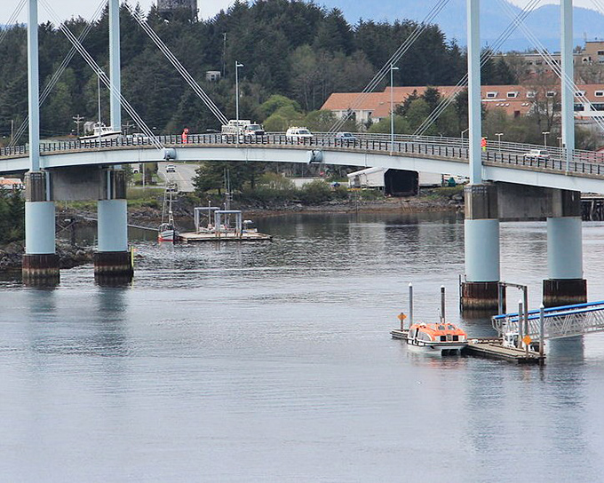 The O'Connell Bridge connects Sitka's island life to the mainland, a lifeline of steel and concrete amid the wild Alaskan landscape.