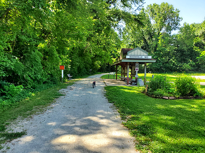 The Katy Trail's entrance, where a dog leads the way to adventure. This former railroad corridor now transports travelers through Missouri's natural splendor.