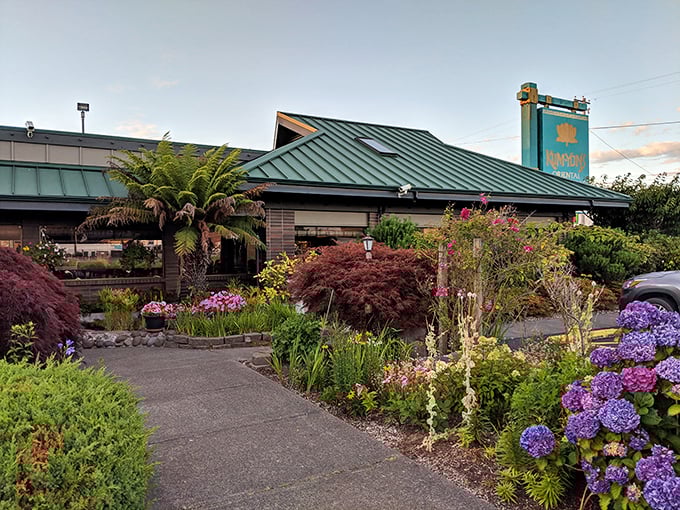 Kum-Yon's garden entrance is almost as colorful as their menu. Those purple hydrangeas are nature's way of saying "Come hungry, leave happy."