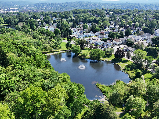 This aerial view captures Waterbury's harmonious blend of residential neighborhoods and natural beauty, where tree-lined streets meet shimmering waters in perfect suburban symphony.