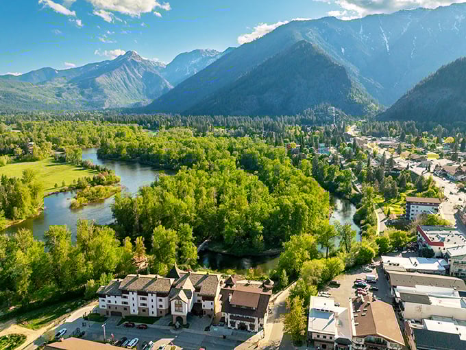 A bird's-eye view reveals Leavenworth's perfect positioning: nestled where river meets mountains in a landscape that screams "vacation now!"