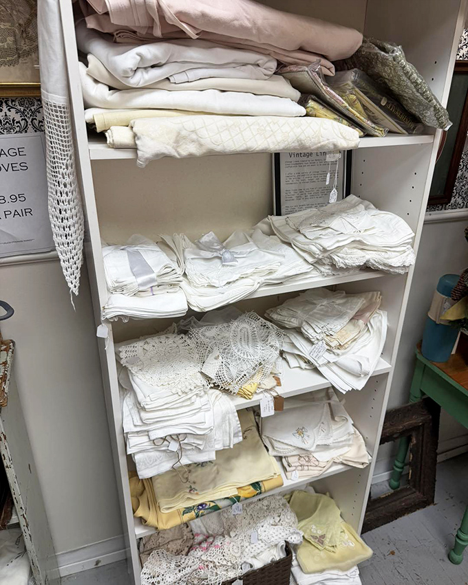 Grandmother's linen closet, perfectly preserved. These hand-embroidered textiles represent countless hours of craftsmanship that modern manufacturing can't replicate.