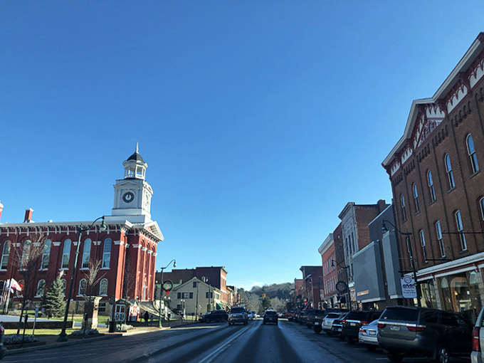 Main Street Brookville under clear blue skies feels like stepping into a simpler time. Where the tallest structure is still the courthouse clock tower.