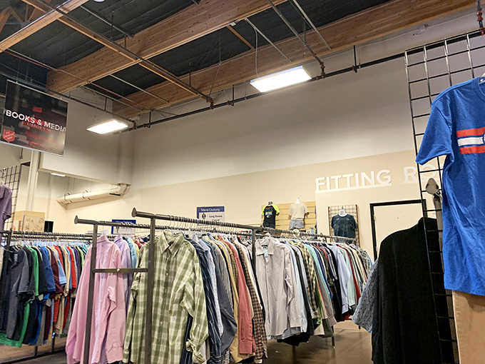 The men's department offers a fitting room and endless options, proving second-hand style doesn't mean second-rate fashion.