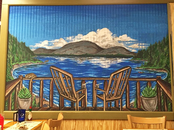This mural captures Maine's serene beauty&mdash;Adirondack chairs overlooking tranquil waters. It's the visual equivalent of a deep breath, best enjoyed between bites of that crab omelet.