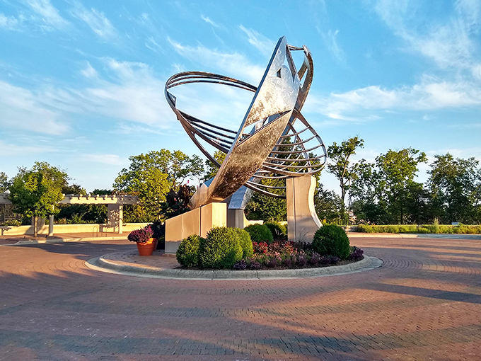 This sculptural centerpiece at Oakhurst Gardens proves that art and nature make perfect partners. Like a metallic dance frozen in mid-twirl.
