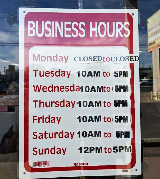 The business hours sign&mdash;your roadmap to planning the perfect treasure hunting expedition. Monday is for amateurs anyway.