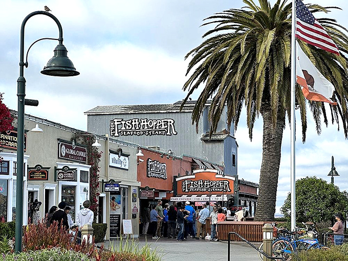 Cannery Row's iconic palm trees stand sentinel outside Fish Hopper's entrance, welcoming seafood pilgrims to their delicious destination.